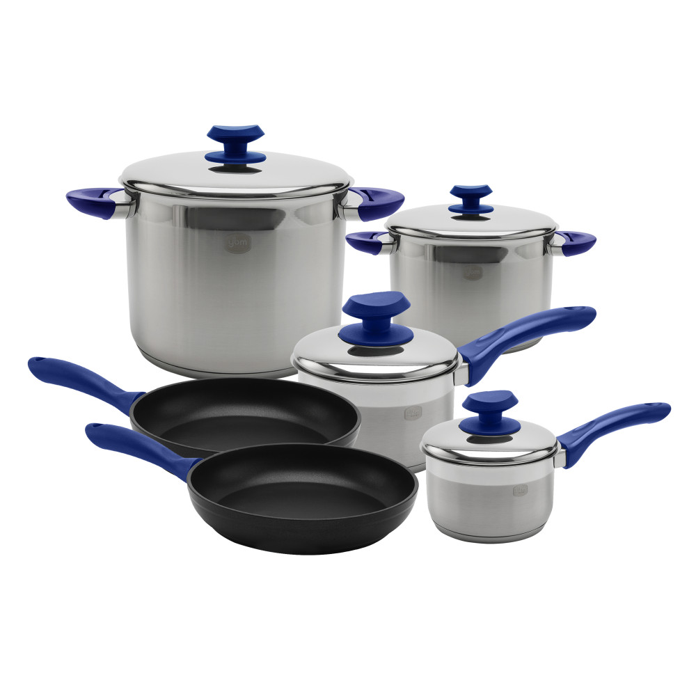 18/10 Tri-Ply Stainless Steel Cookware Set, Blue - Stainless Steel ...